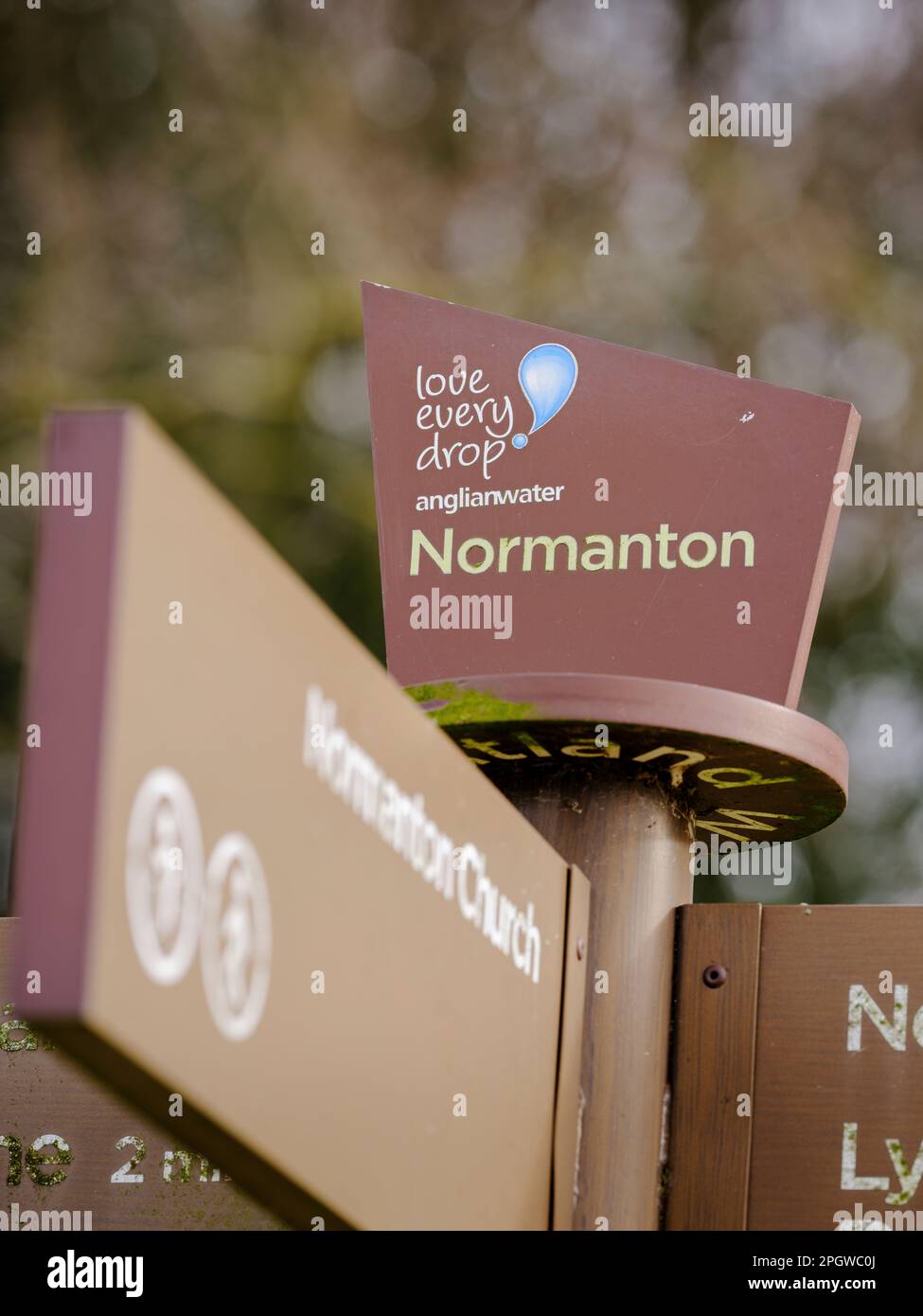 Signs by Anglian Water for visitors to Normanton Church at Rutland ...
