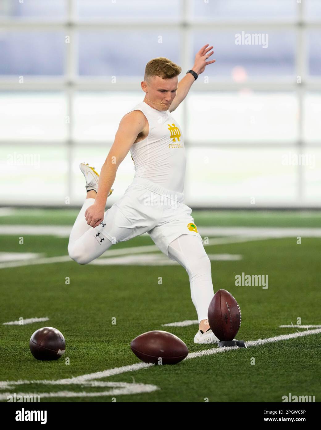 Kicker Blake Grupe kicks off during Notre Dame football's NFL Pro Day ...