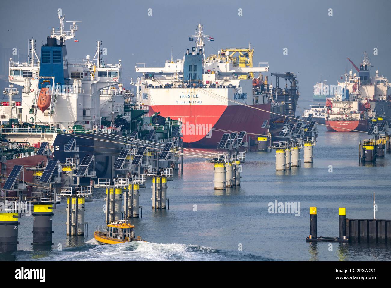 Cargo ships, tankers in the seaport of Rotterdam, in the Petroleumhaven ...