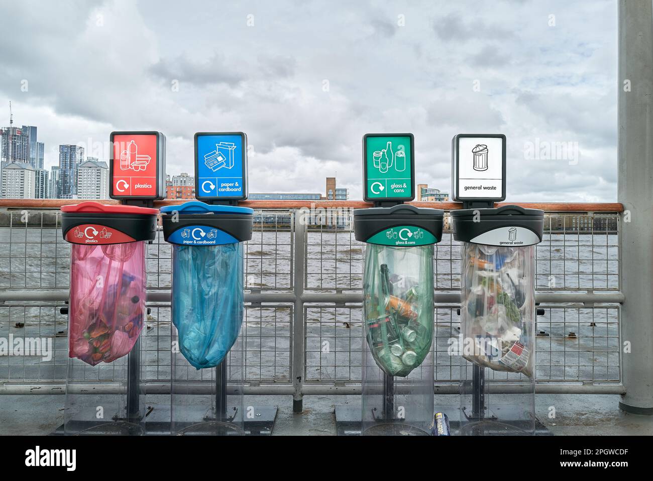Segregated recycle waste bags at Greenland pier, opposite Canary Wharf ...
