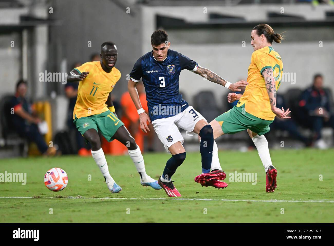 Sydney, Australia. 24th Mar, 2023. Awer Mabil (L), Jackson Irvine (R ...