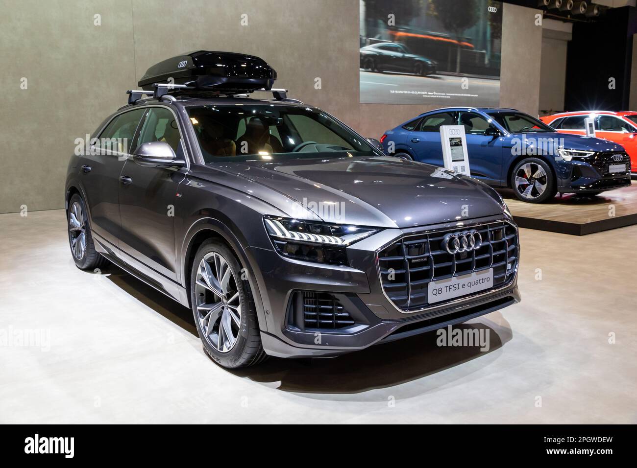 Audi Q8 TFSI e-quattro electric SUV car showcased at the Brussels ...