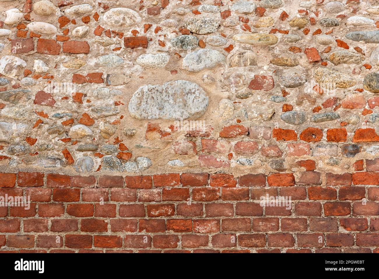 Texture of wall with regular red brick base and above wall with pieces ...