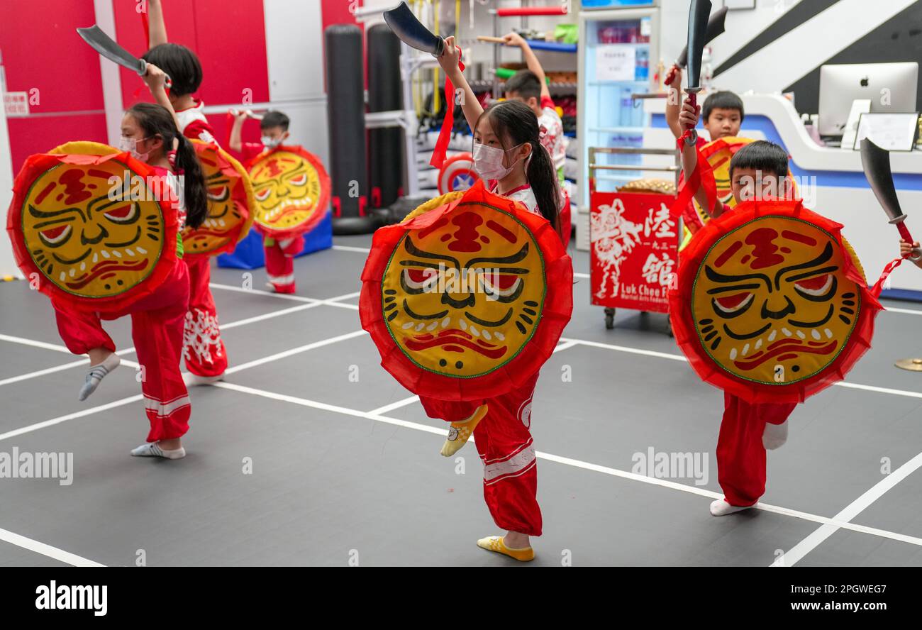 Children training for lion dance performance at Luk Chee Fu Martial ...