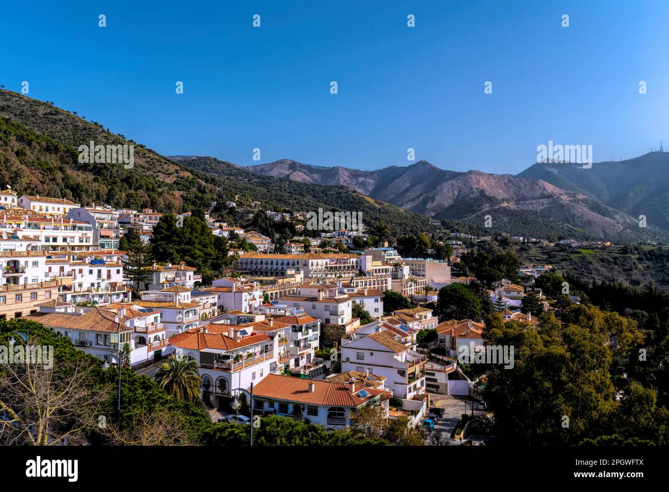 Mijas Spain view from pueblo blanco village to houses and mountains ...