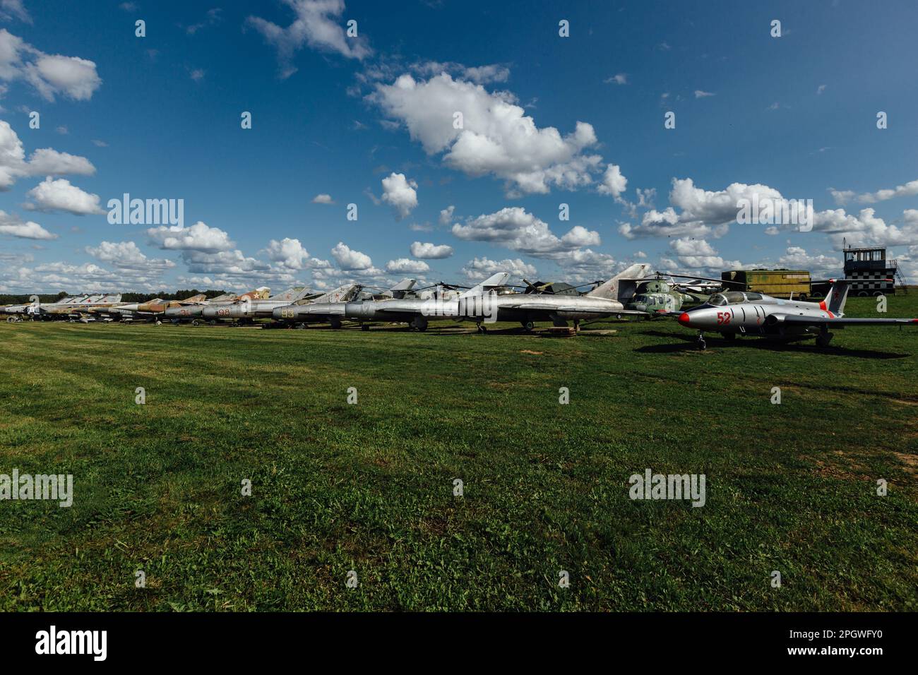 Old broken Soviet military fighter airplanes in abandoned airfield ...