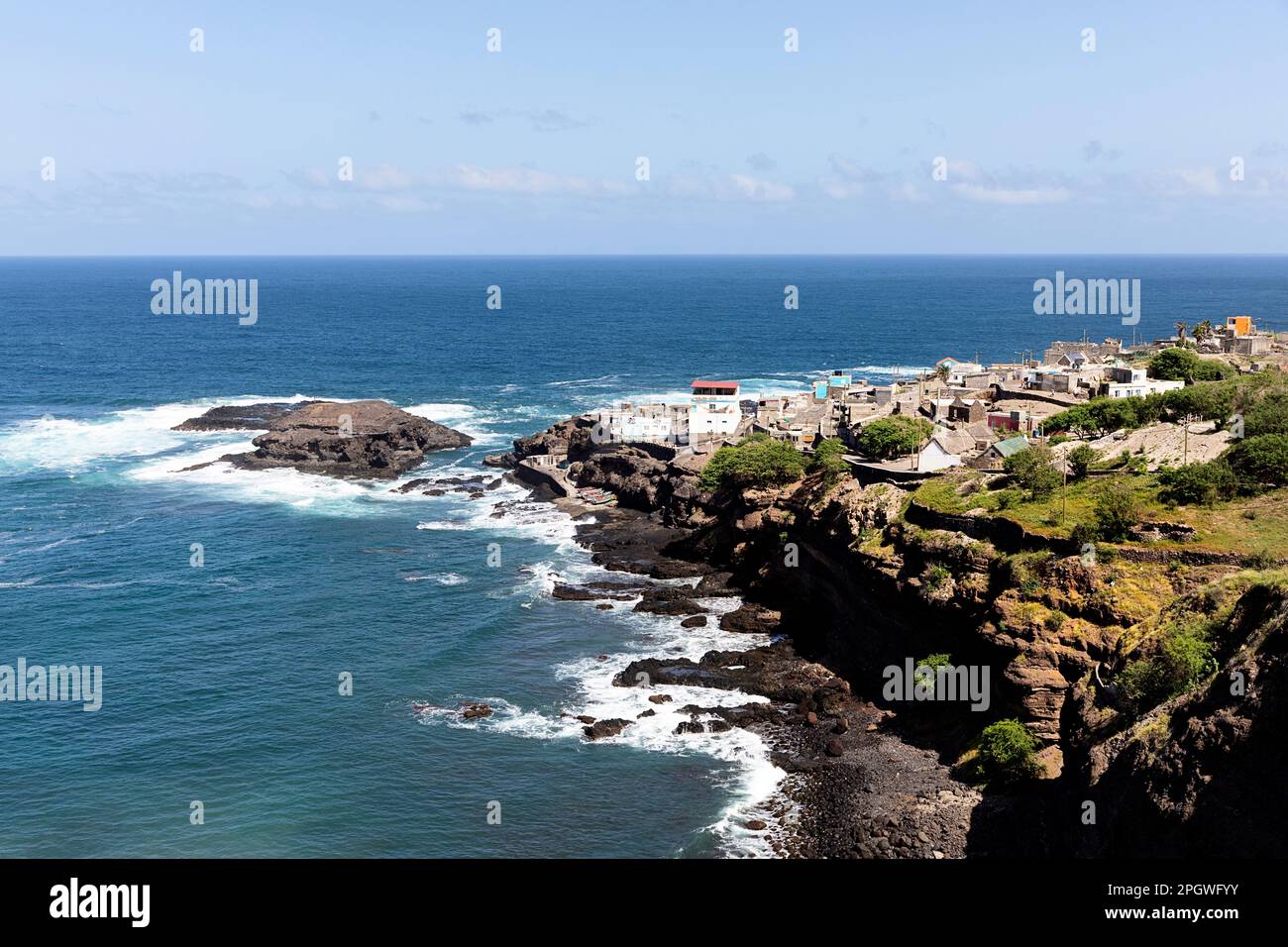 Small village of Cruzinha on the coast of the wavy atlantic ocean on ...