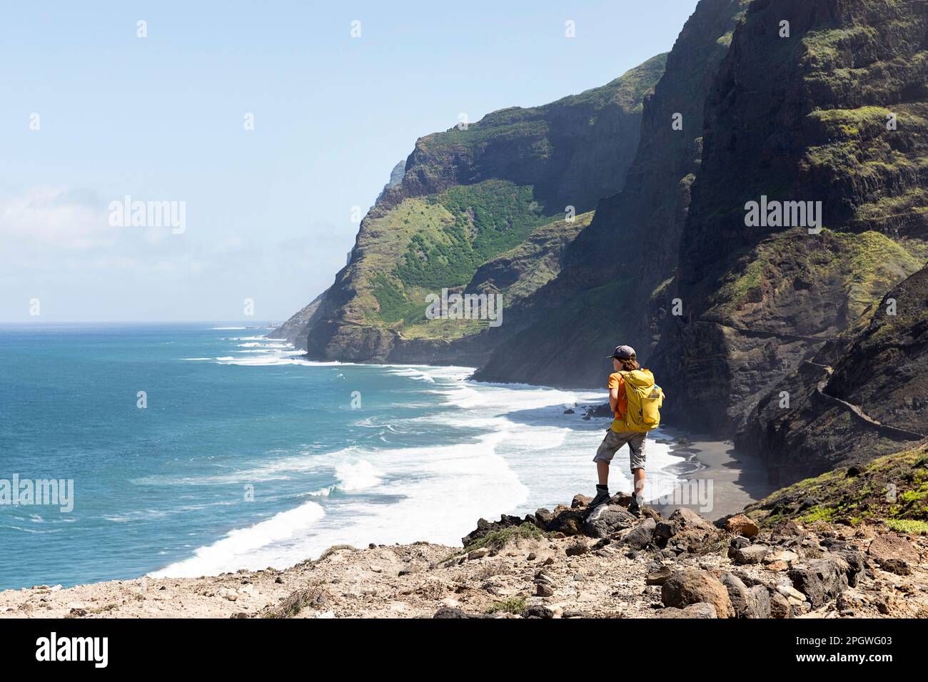 Tourist teenager on a hiking trail from Cruzinha to Ponta do Sol ...