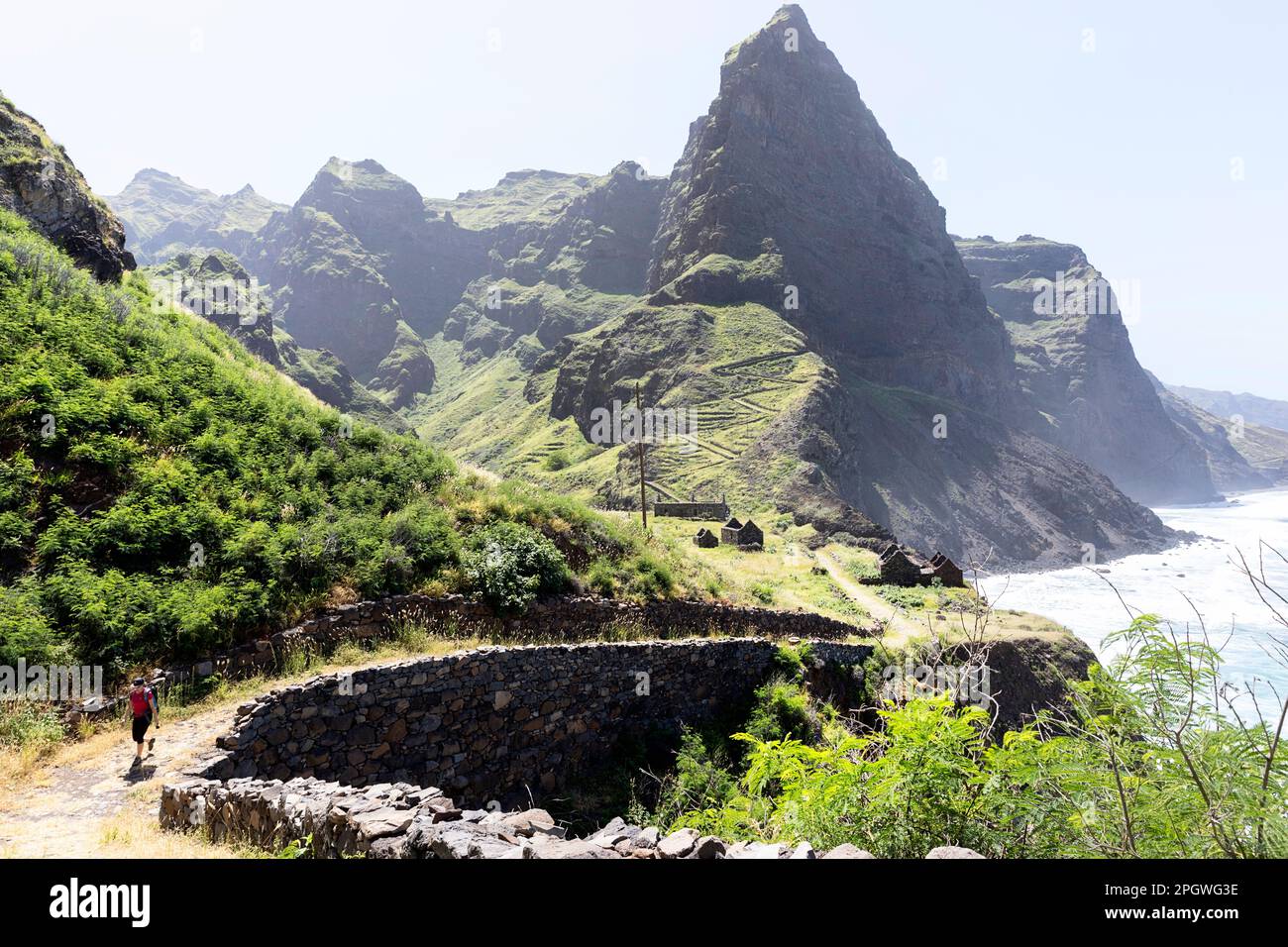 Female tourist hiker hiking the famous coastal hiking trail from ...