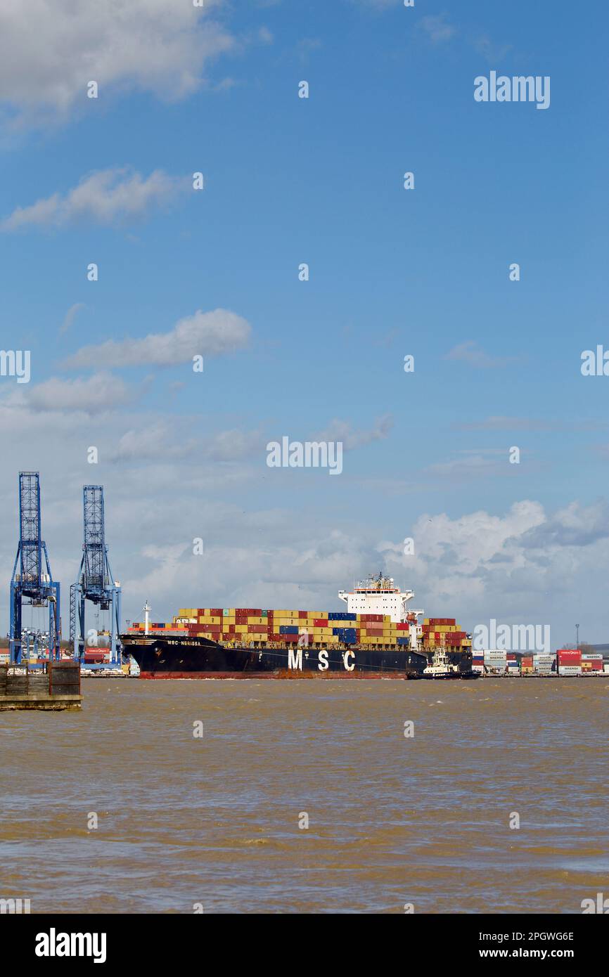 Container ship MSC Nerissa docking at the Port of Felixstowe, Suffolk ...
