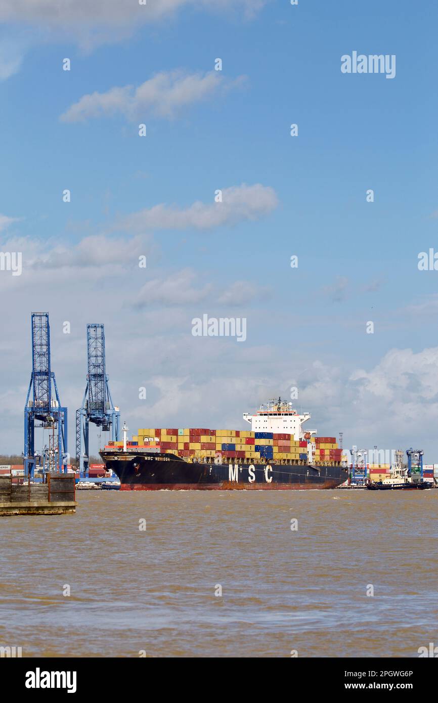 Container ship MSC Nerissa docking at the Port of Felixstowe, Suffolk ...