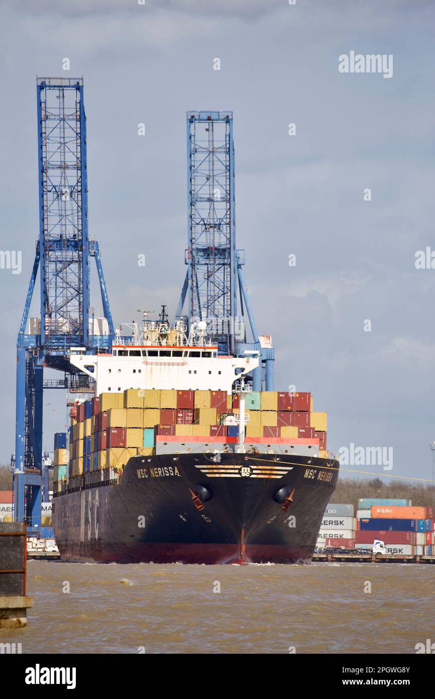 Container ship MSC Nerissa docking at the Port of Felixstowe, Suffolk ...