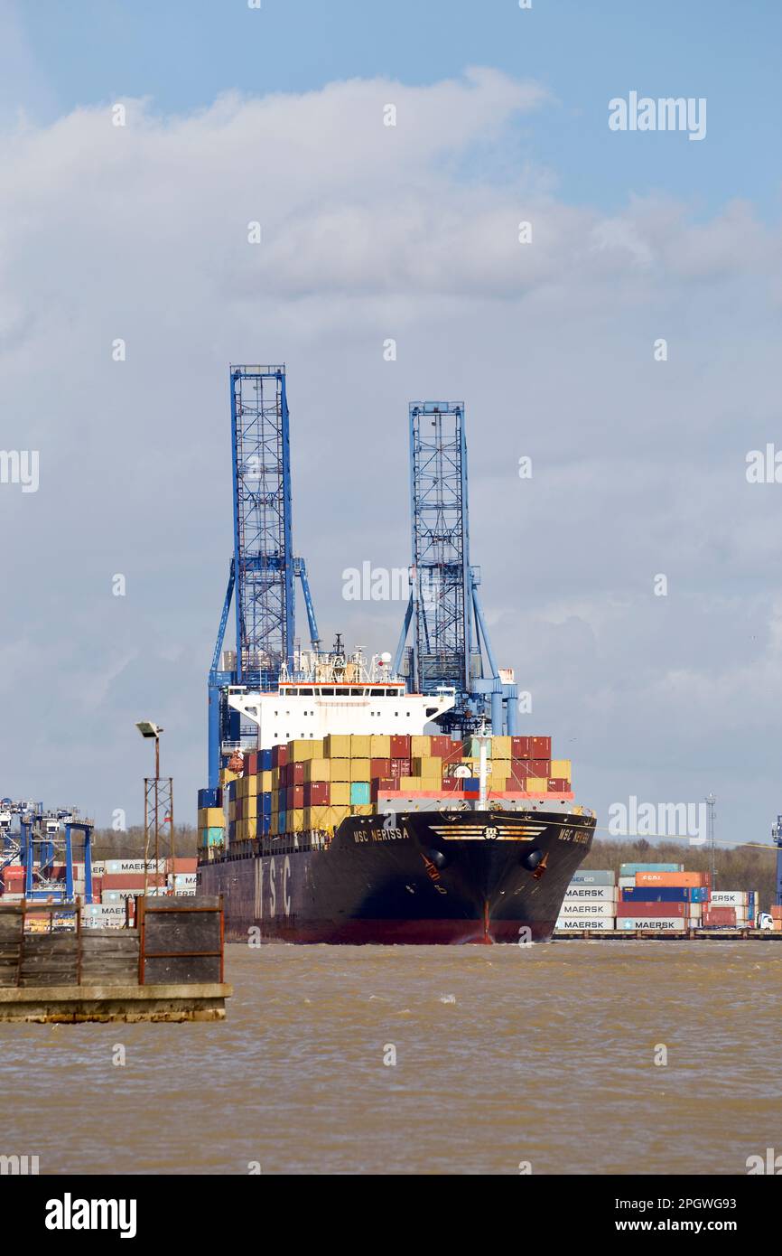 Container ship MSC Nerissa docking at the Port of Felixstowe, Suffolk ...