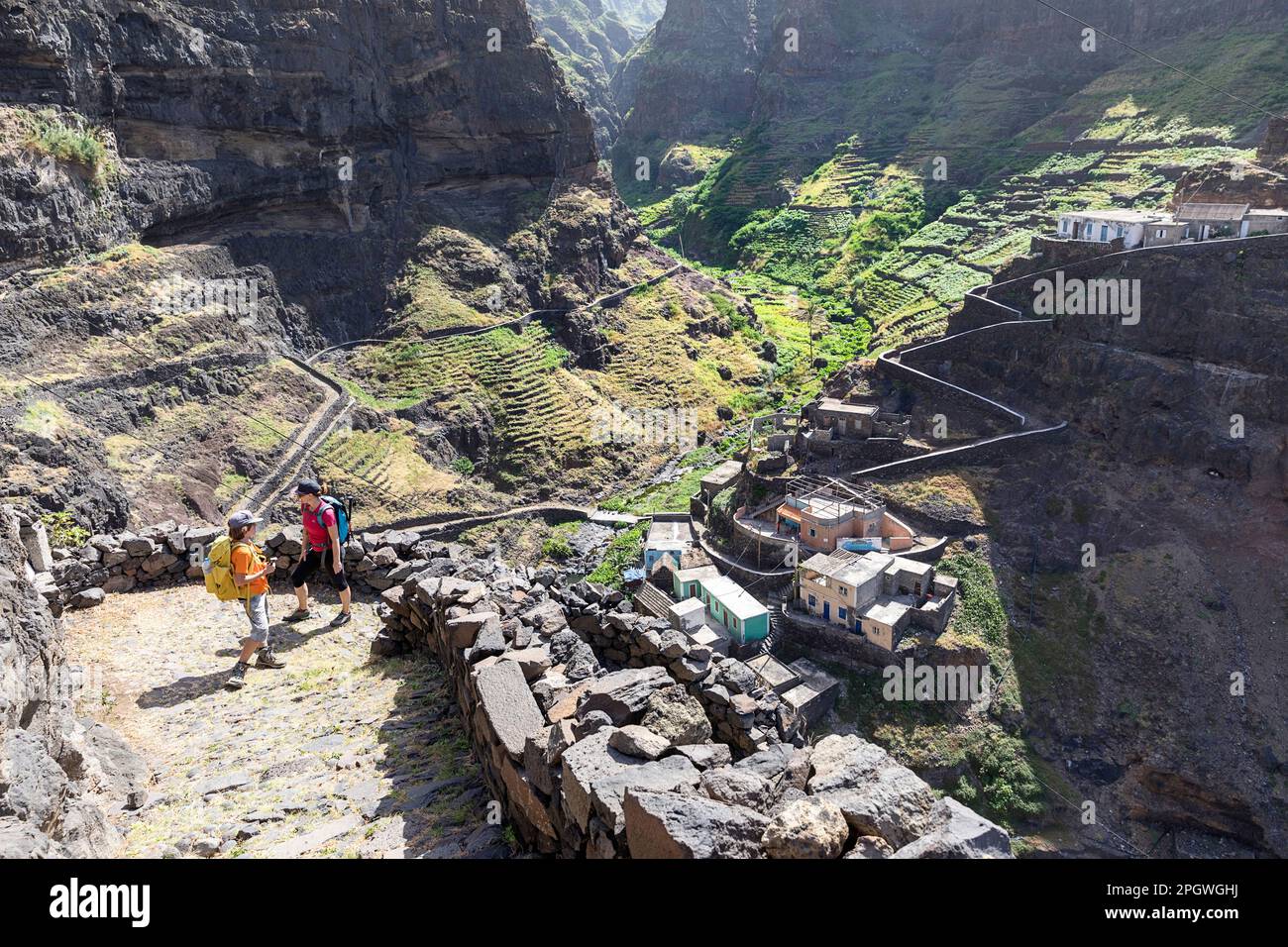 Mother and son, tourists in a remote valley on the eastern part of ...