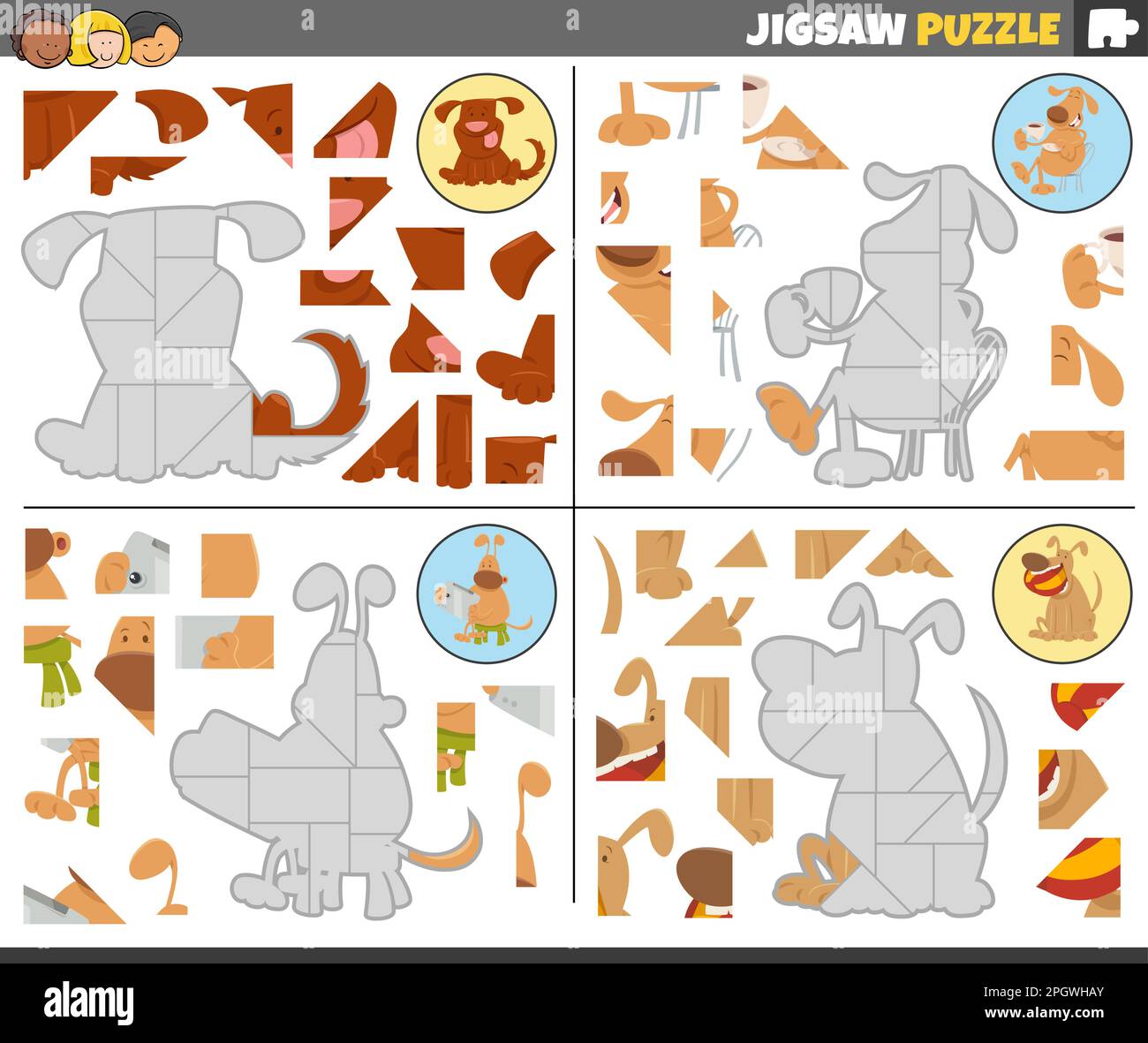 Cartoon illustration of educational jigsaw puzzle games set with funny ...