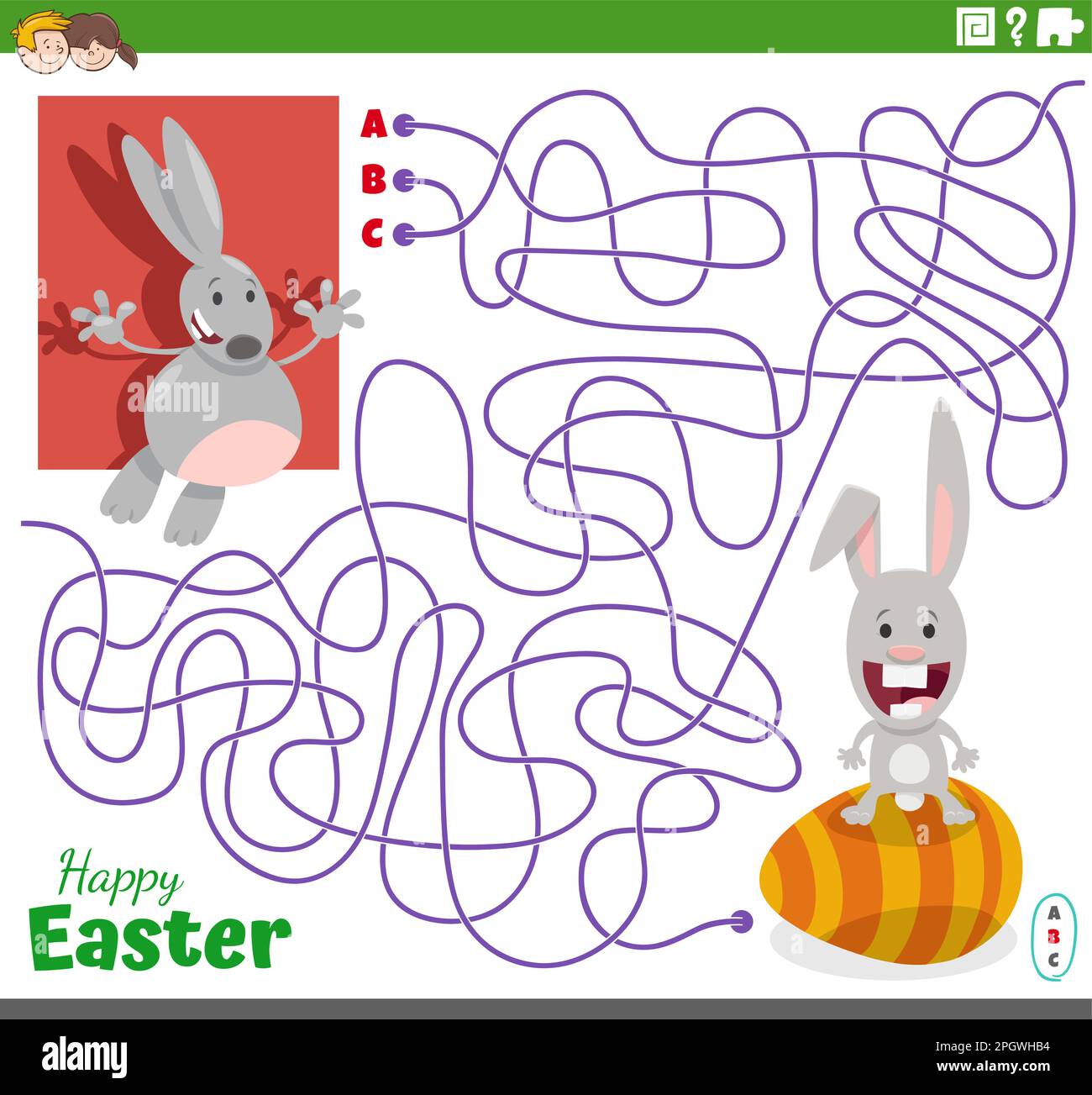 Cartoon illustration of lines maze puzzle game with Easter Bunnies and ...