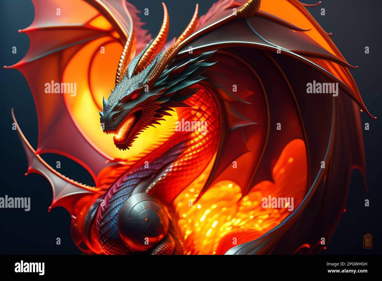 Illustration of a black winged dragon spewing flames Stock Photo - Alamy