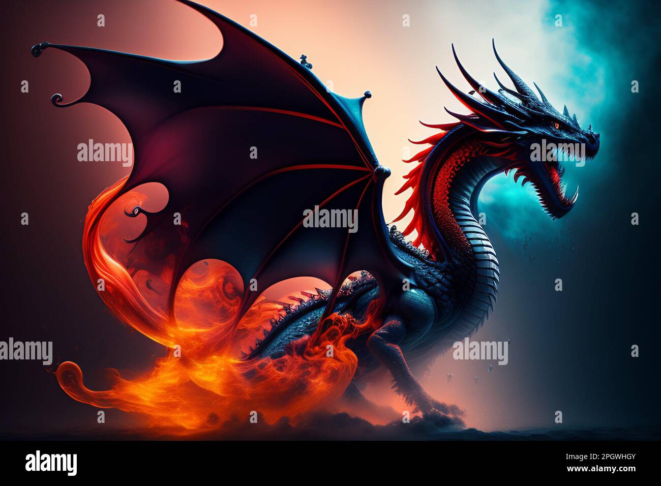 Illustration of a black winged dragon spewing flames Stock Photo - Alamy