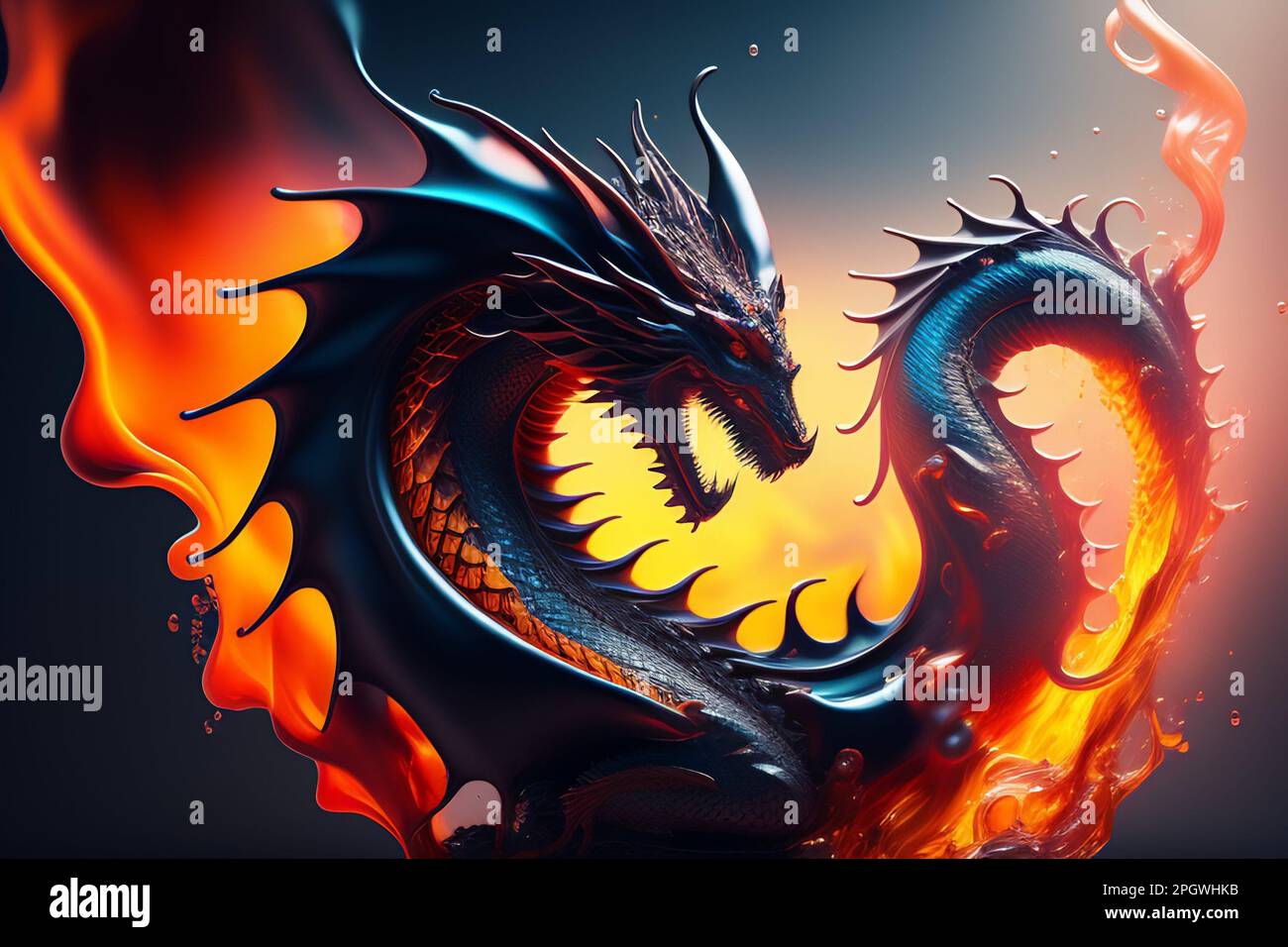 Illustration of a black winged dragon spewing flames Stock Photo - Alamy