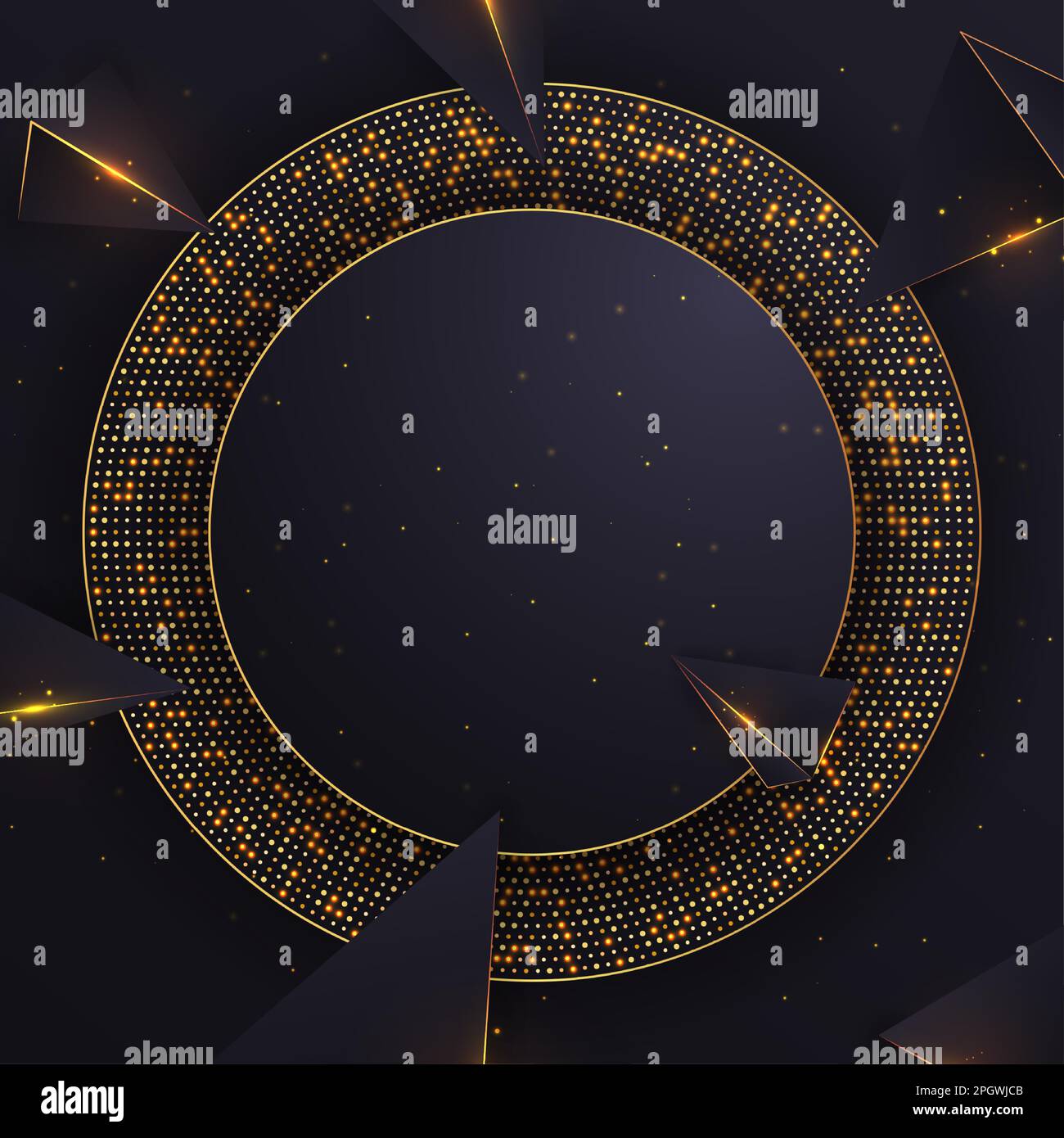 Golden particle shining and triangle on dark background. Glowing golden ...