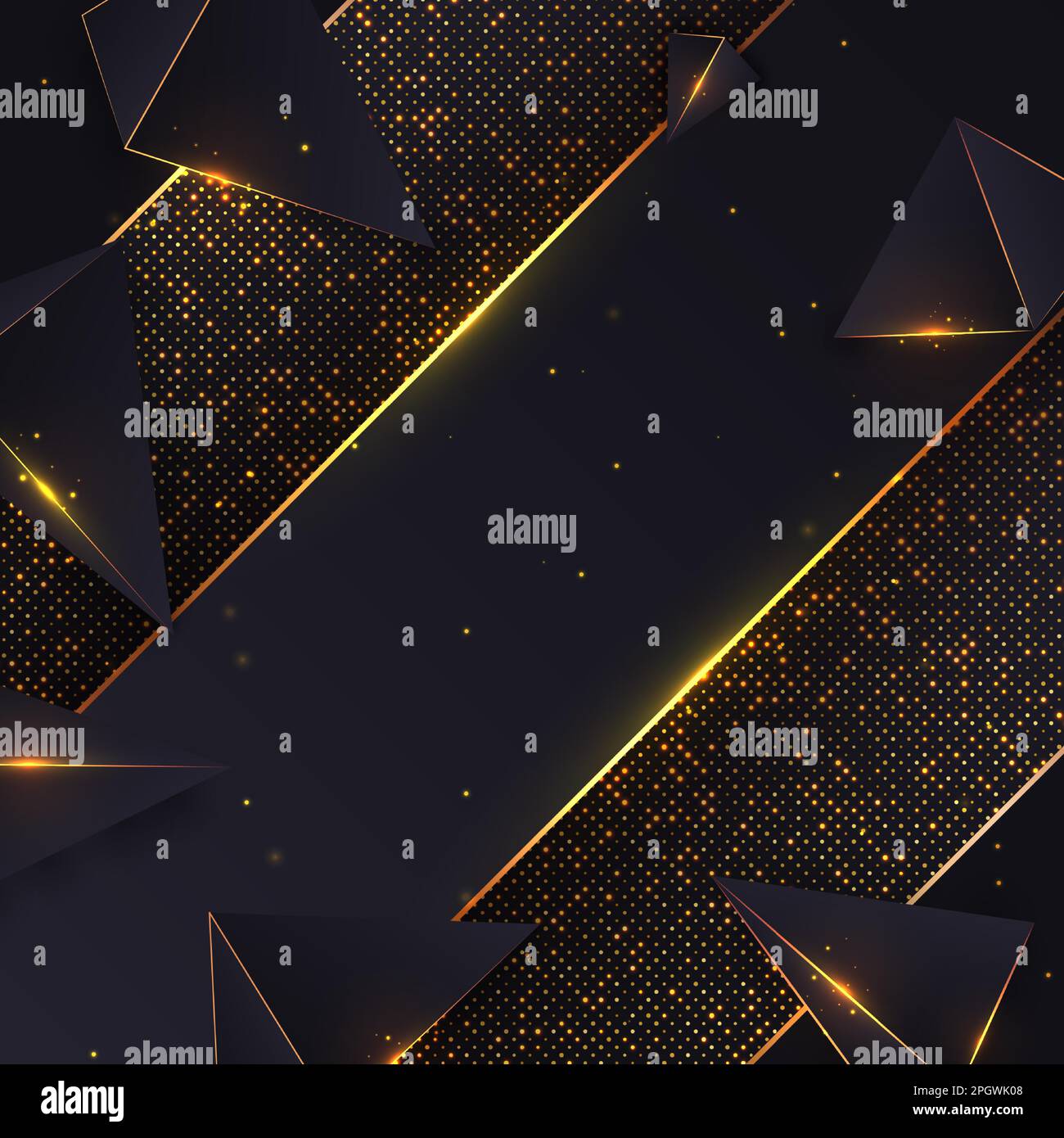 Golden particle shining and triangle on dark background. Glowing golden background. Stippling ...