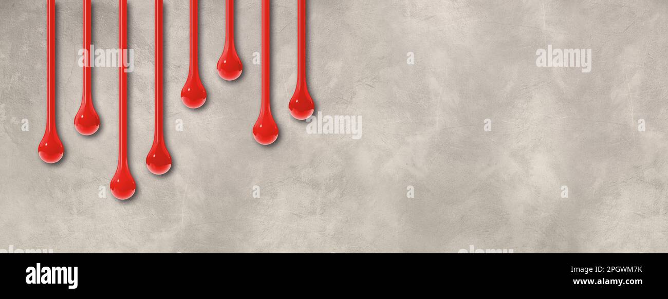 Red ink drops isolated on light concrete wall. Horizontal banner. 3D ...