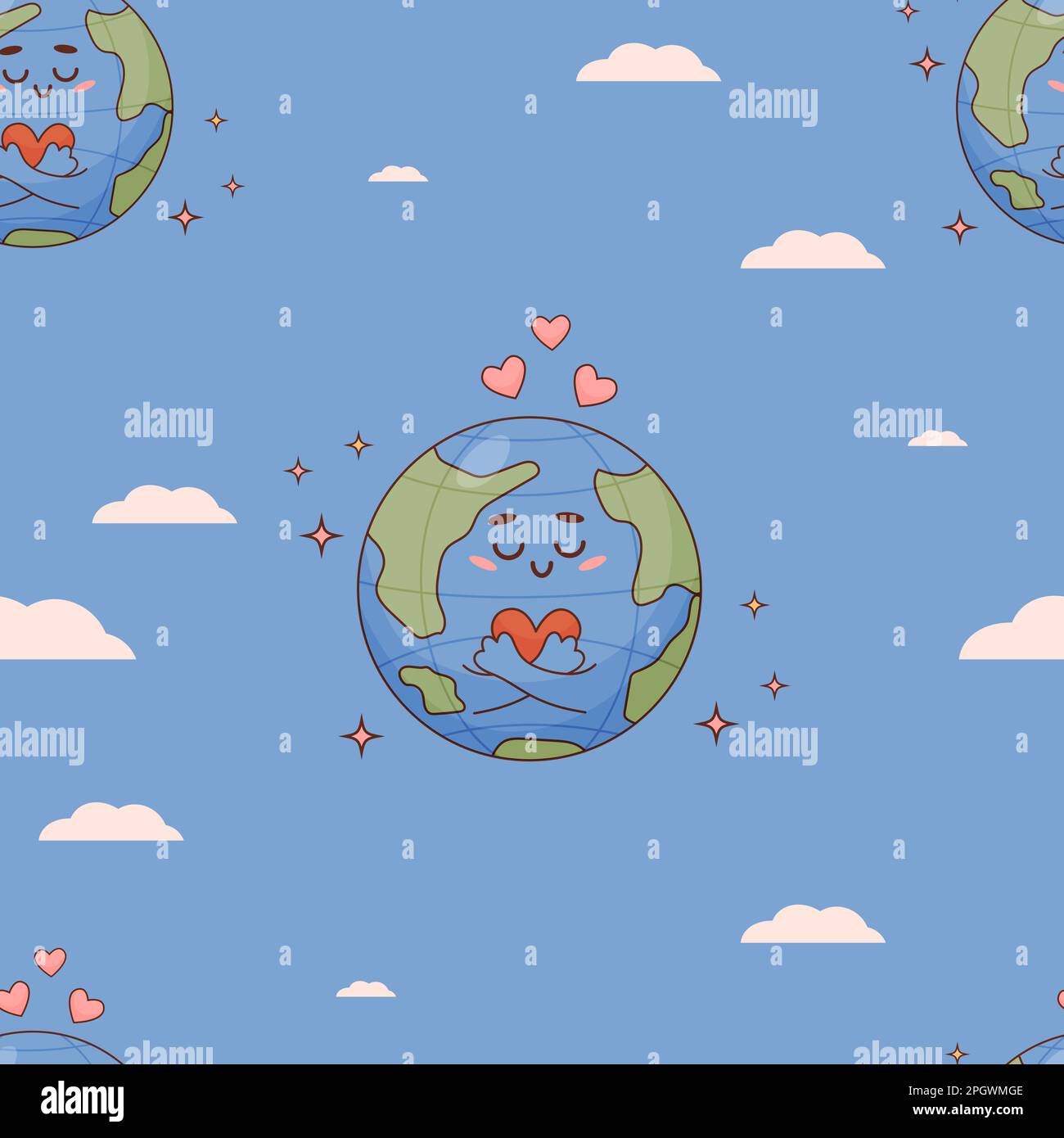 Cute seamless pattern with cartoon character enamored planet Earth with ...