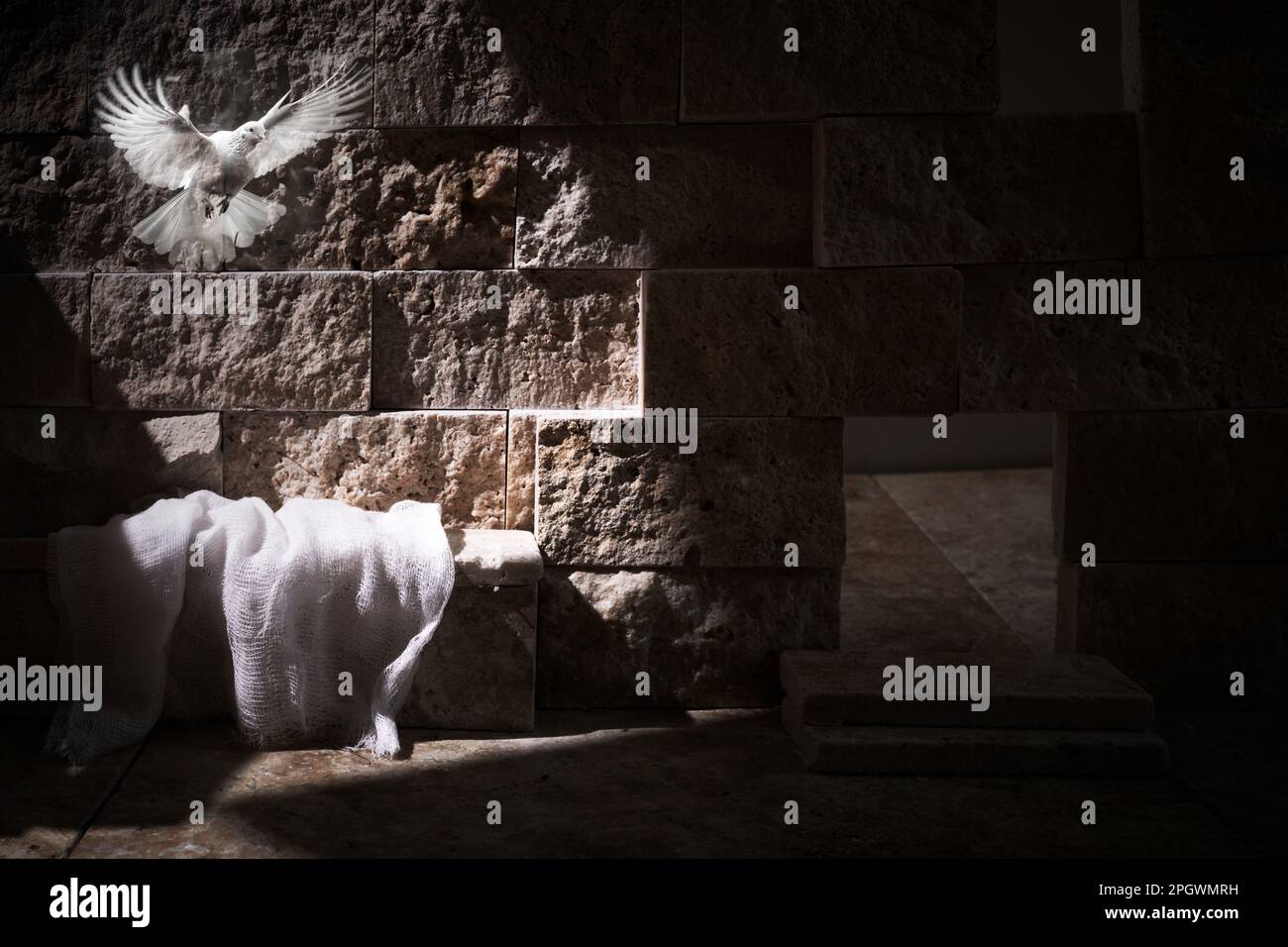 Jesus Christ crucifixion death and resurrection and easter dove flying in a stone tomb Stock ...