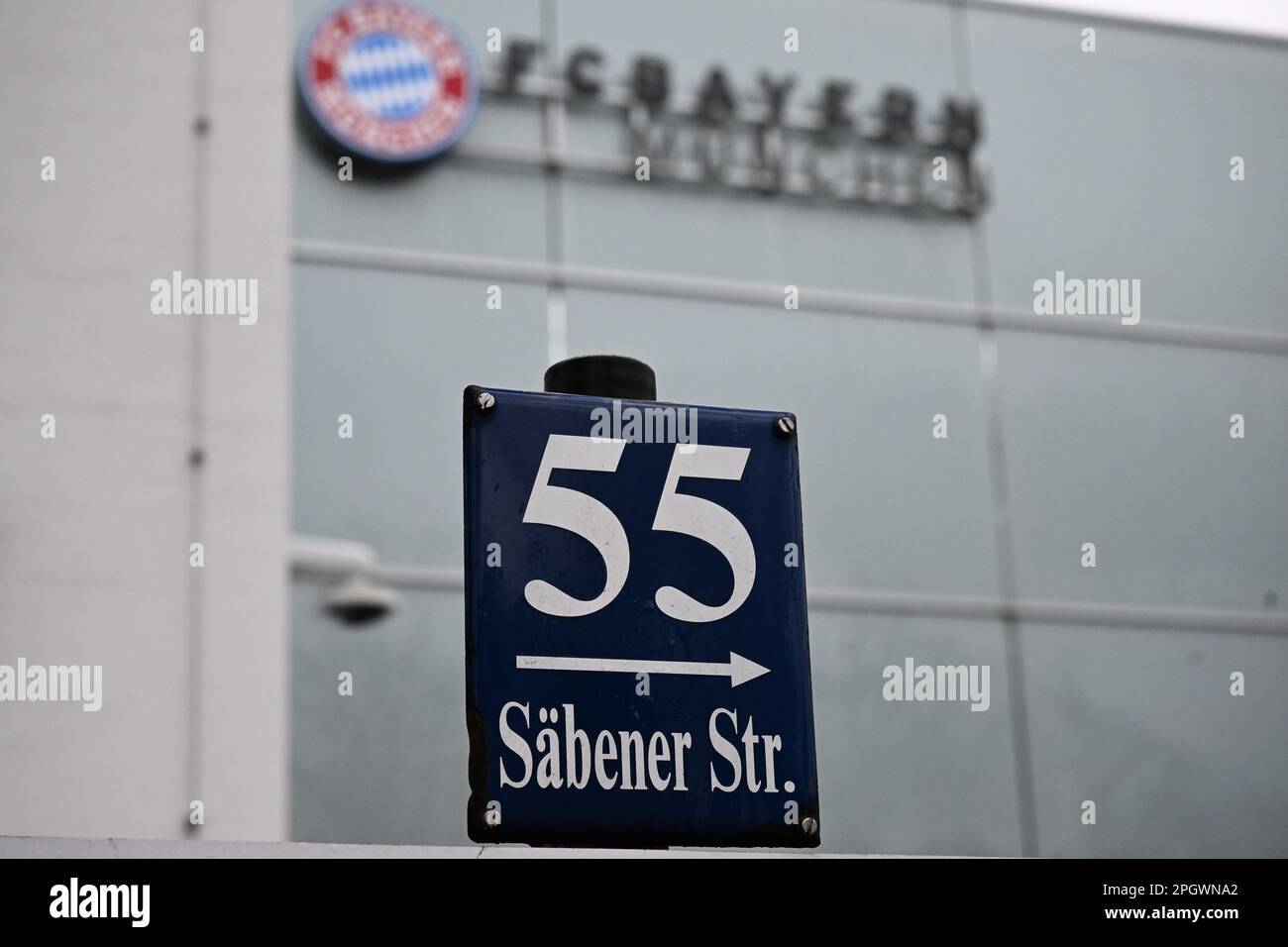 Munich, Germany. 24th Mar, 2023. The house number 55 and the logo of FC ...