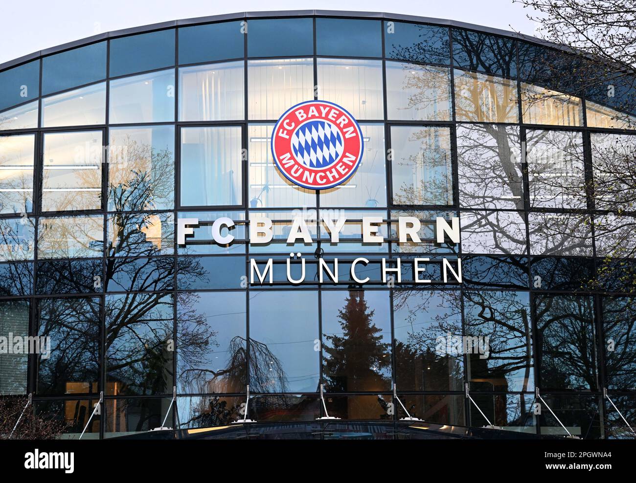 Munich, Germany. 24th Mar, 2023. The FC Bayern logo can be seen on the ...