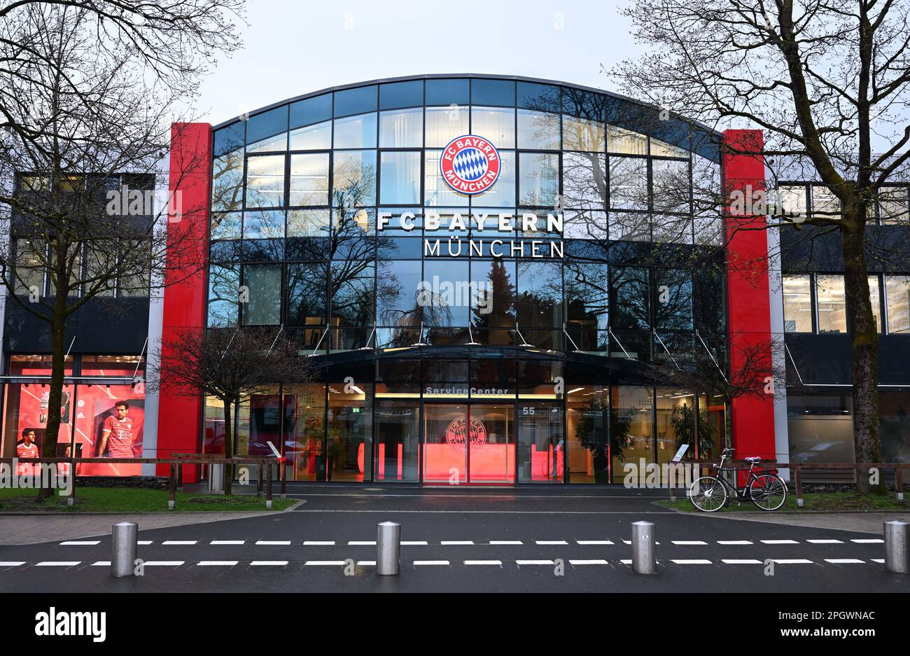 Munich, Germany. 24th Mar, 2023. The FC Bayern logo can be seen on the ...
