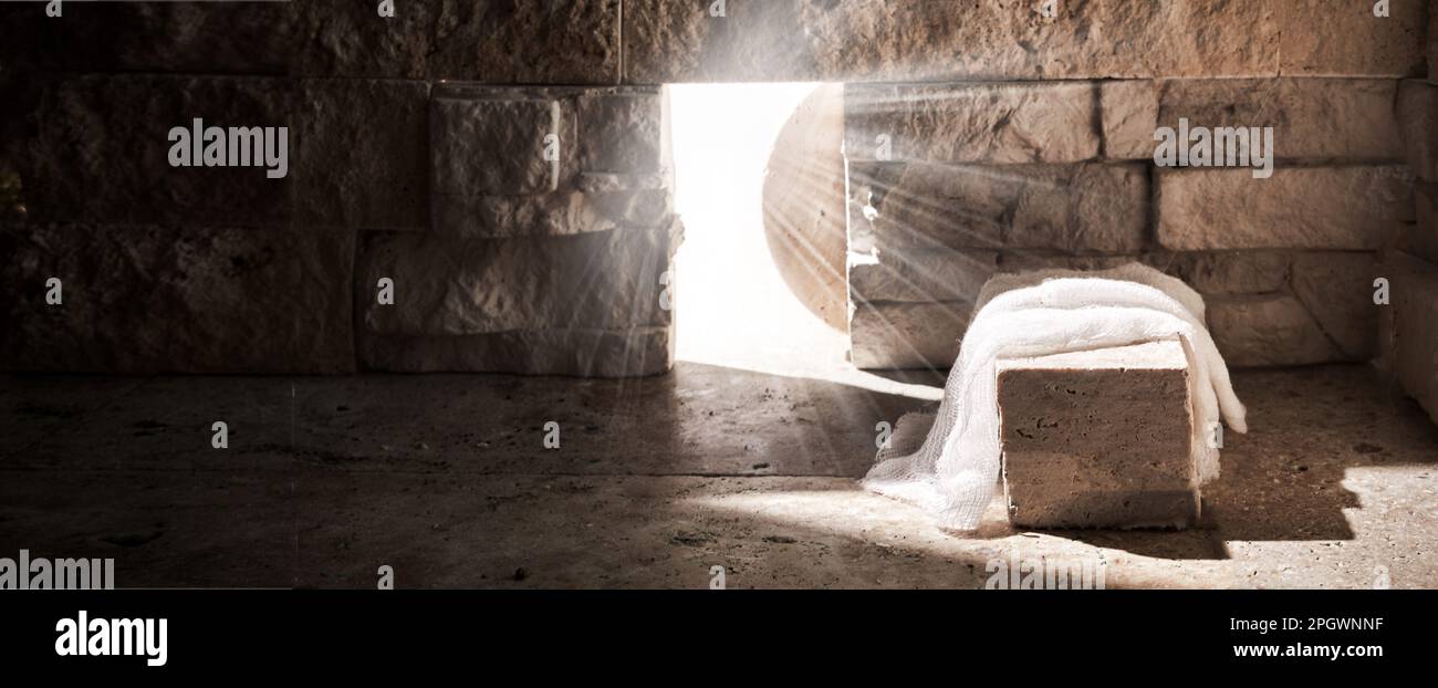 Empty tomb while light shines from the outside. Jesus Christ ...