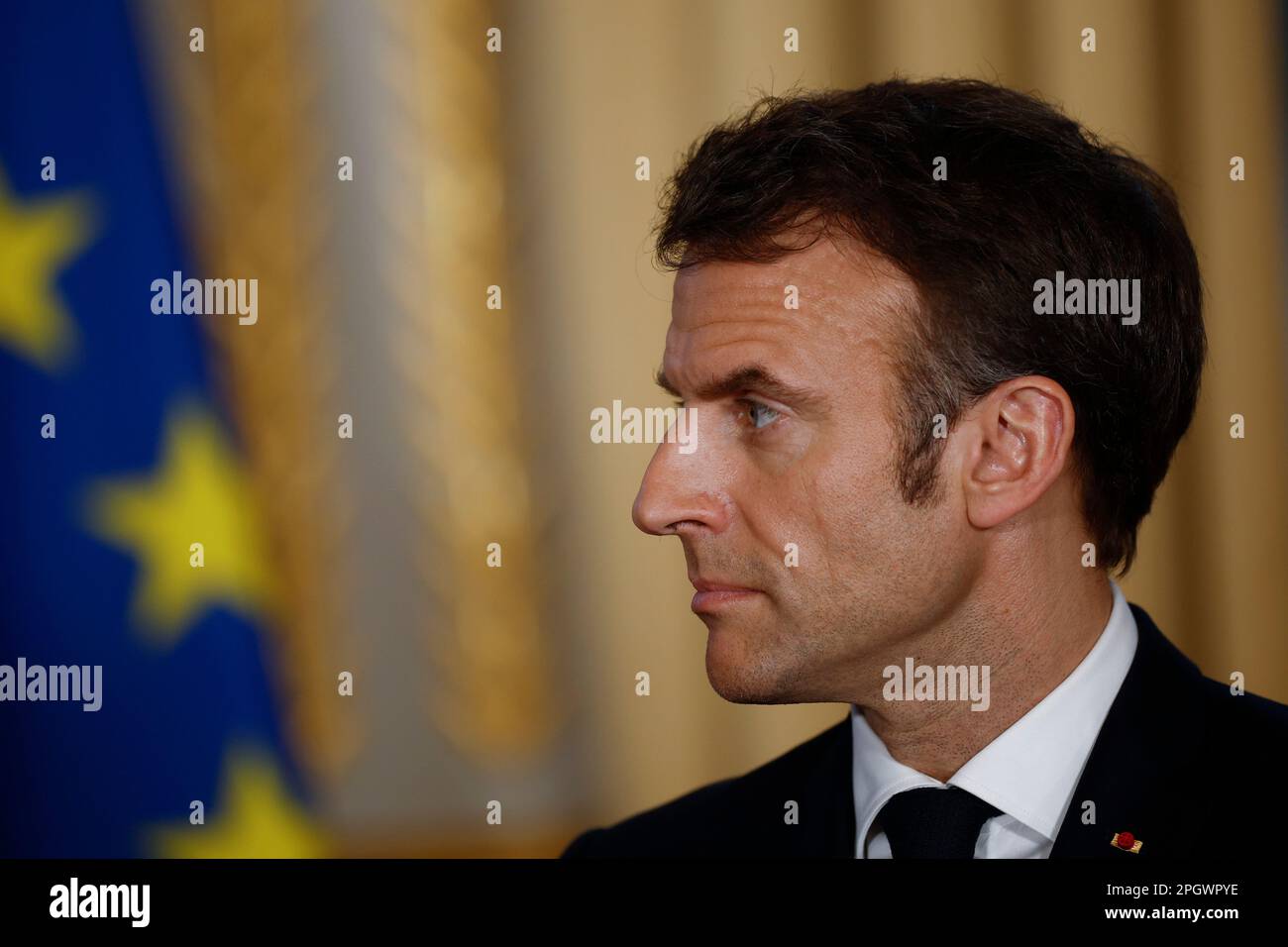 French President Emmanuel Macron listens to President of Costa Rica ...