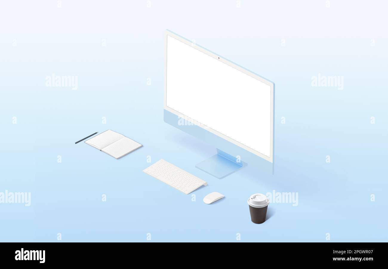 Isometric work desk with computer display, keyboard, mouse, pad, pen ...