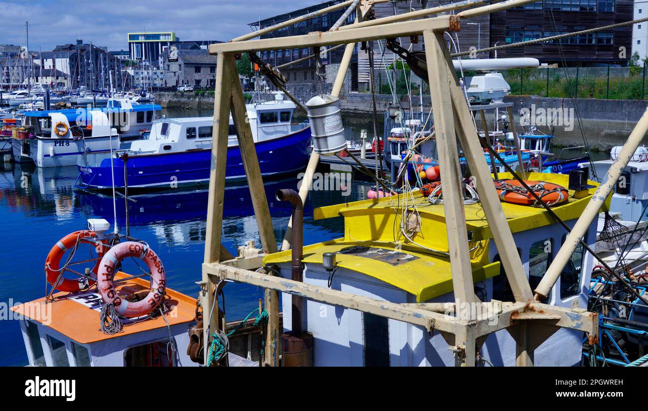 Plymouth, Devon, UK 06 July 2023: Fishing trawlers, large and small ...