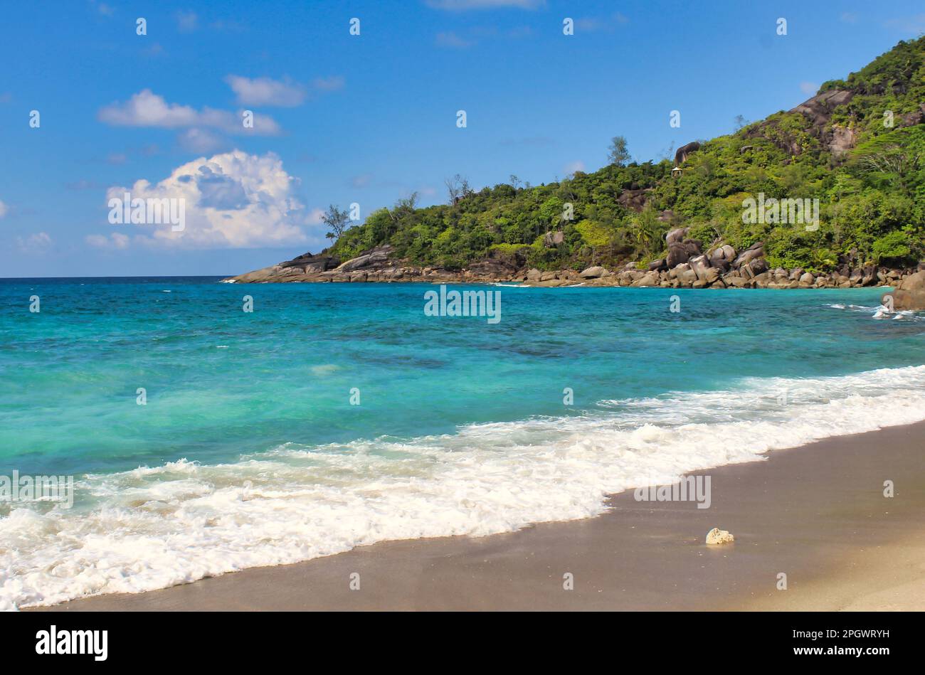 Scenic vistas from the rarely visited Anse Major beach on the northern ...