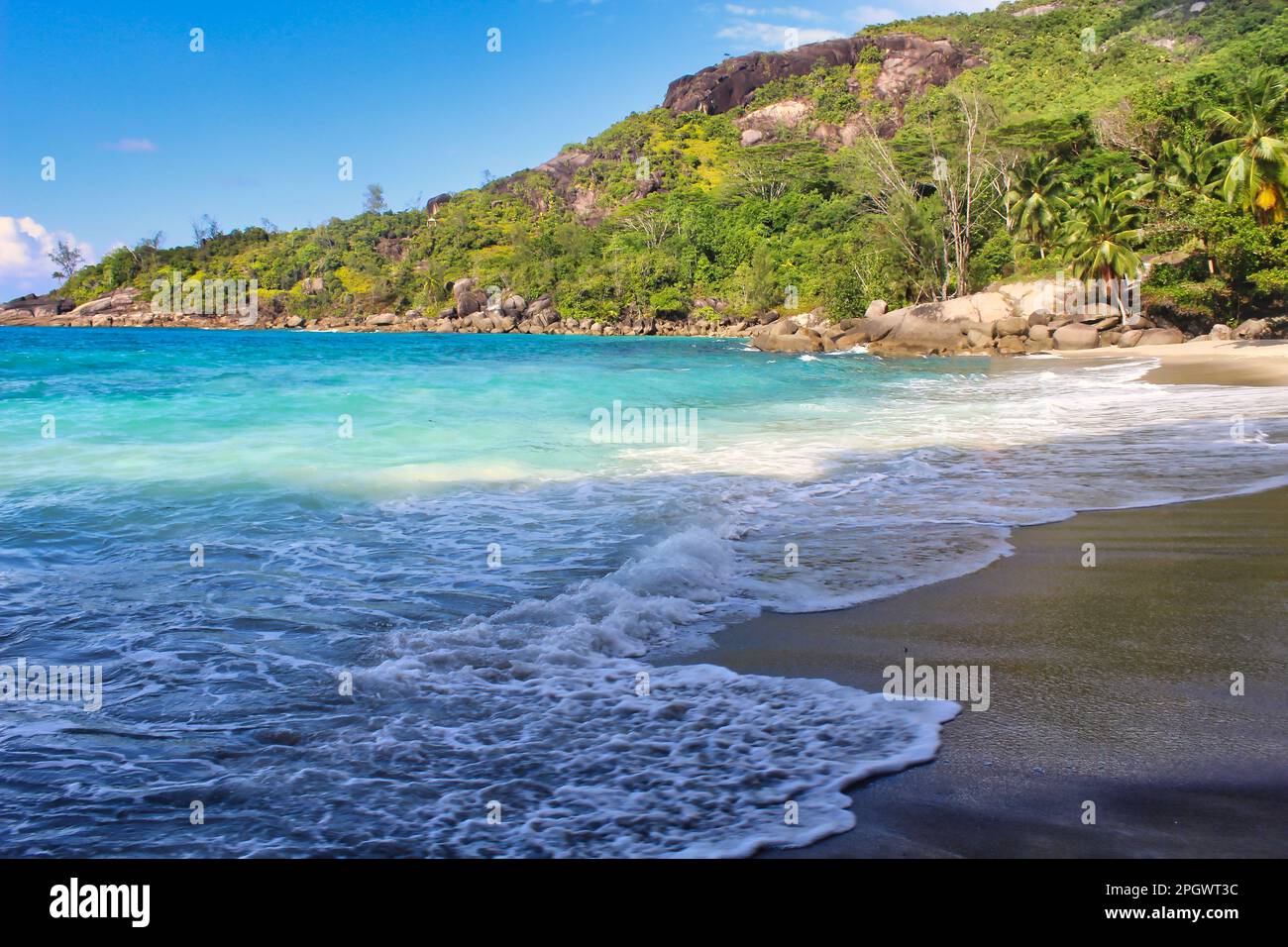 Scenic vistas from the rarely visited Anse Major beach on the northern ...