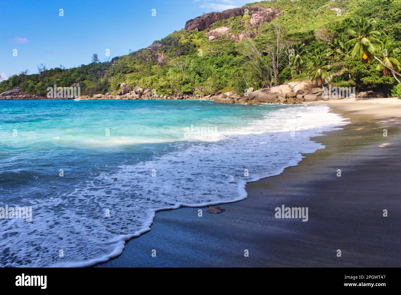 Scenic vistas from the rarely visited Anse Major beach on the northern ...