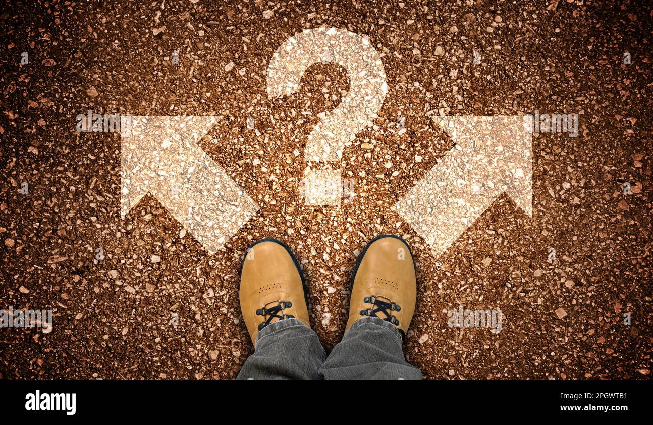 Yellow leather shoes, two arrows and question mark - problem concept ...