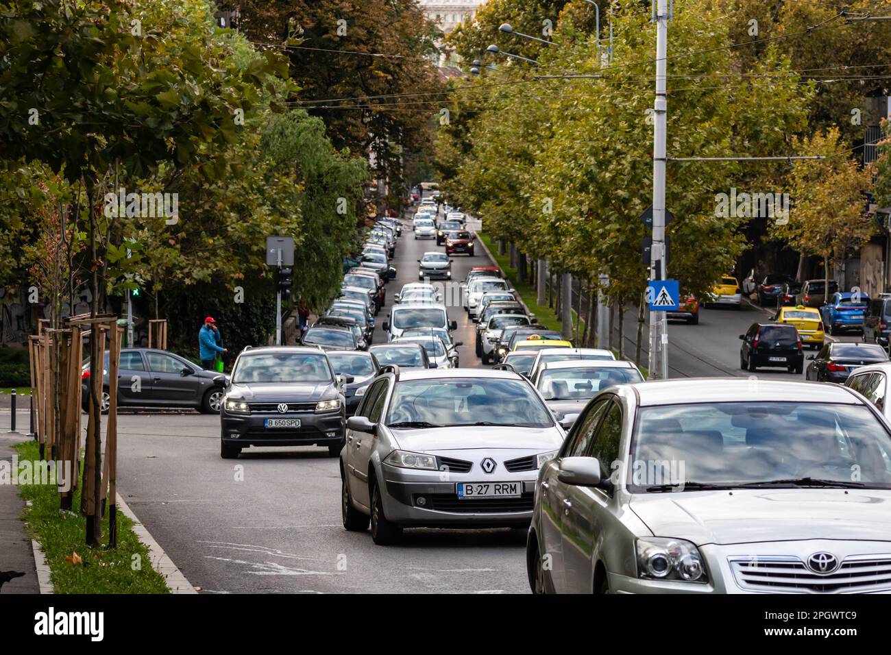 Car traffic at rush hour, car pollution, traffic jam in Bucharest ...