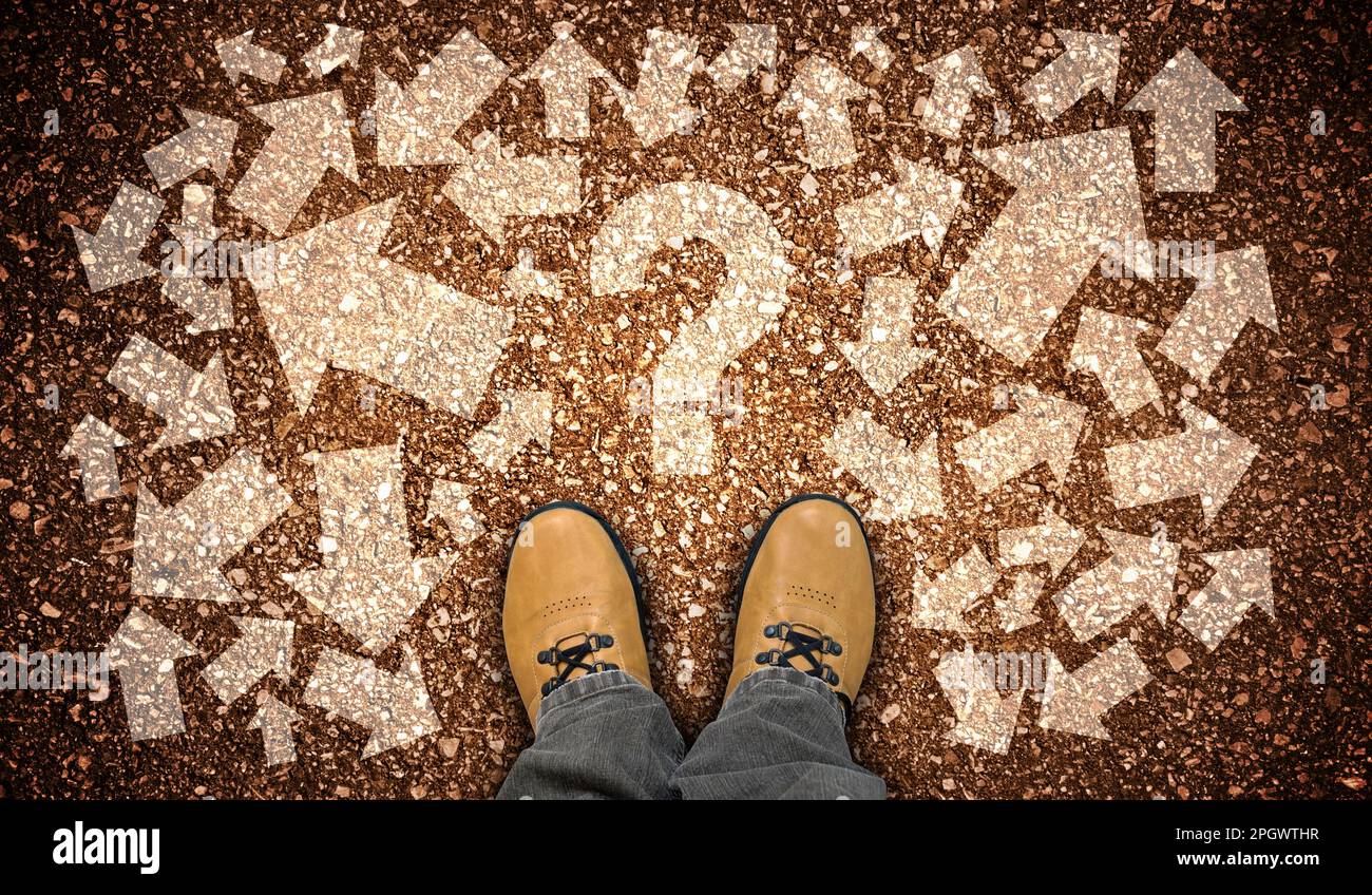 Yellow leather shoes, question mark and many arrows - chaos concept ...
