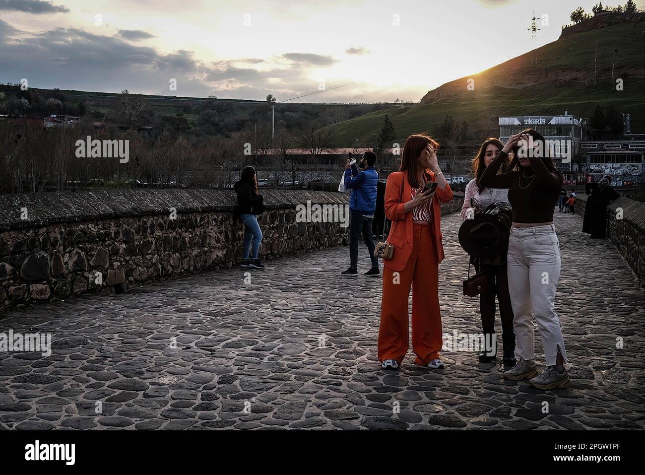 Diyarbakir, Turkey. 22nd Mar, 2023. People seen on the bridge. The ...