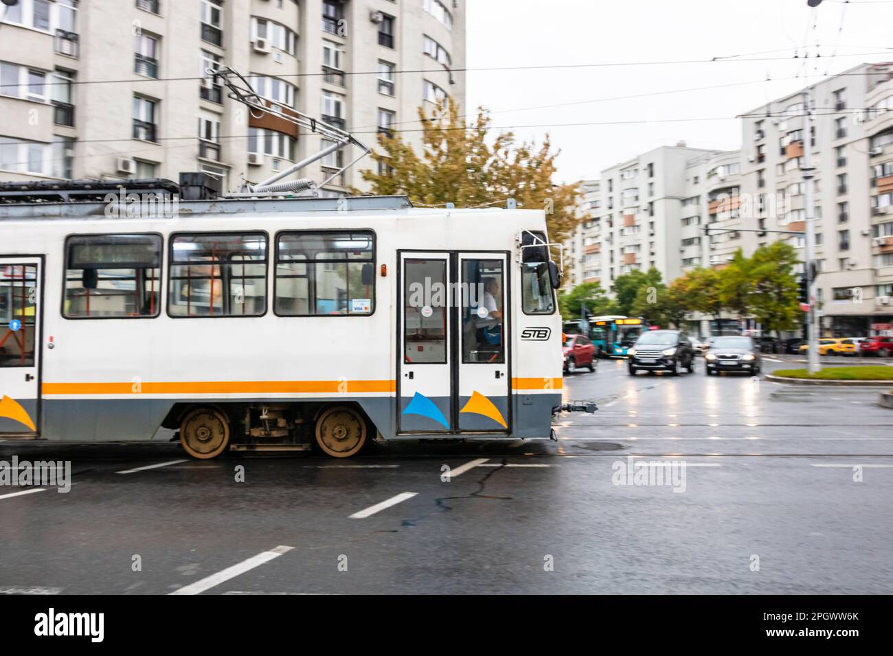 Tram in traffic. Public transport Bucharest, Romania, 2022 Stock Photo ...