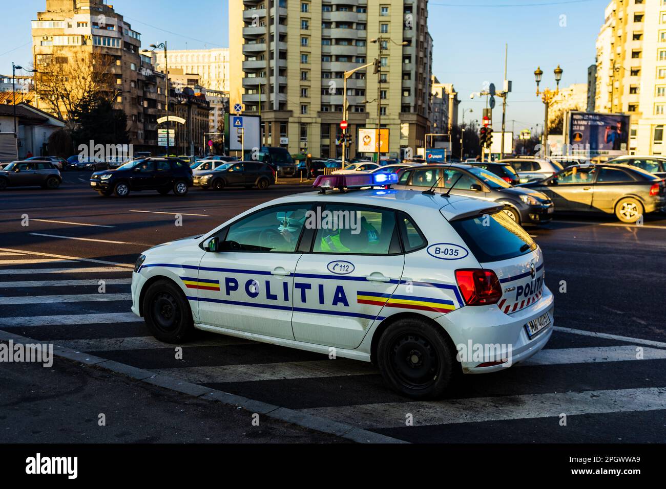 Romanian police (Politia Rutiera) car patrolling in downtown Bucharest ...
