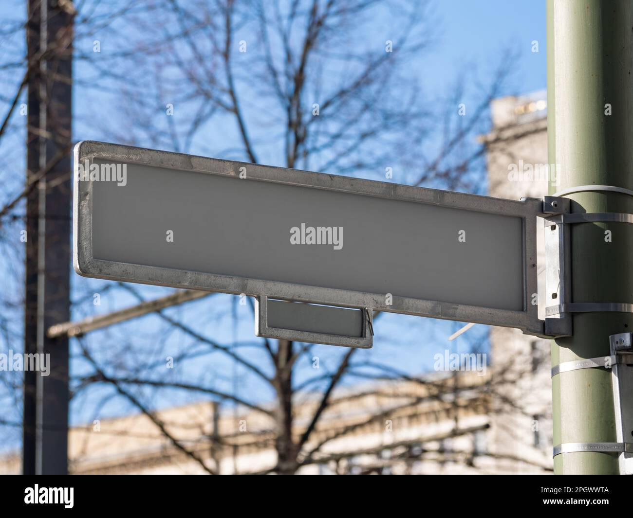 Empty street name sign. Blank space as a design template. Mockup of a ...