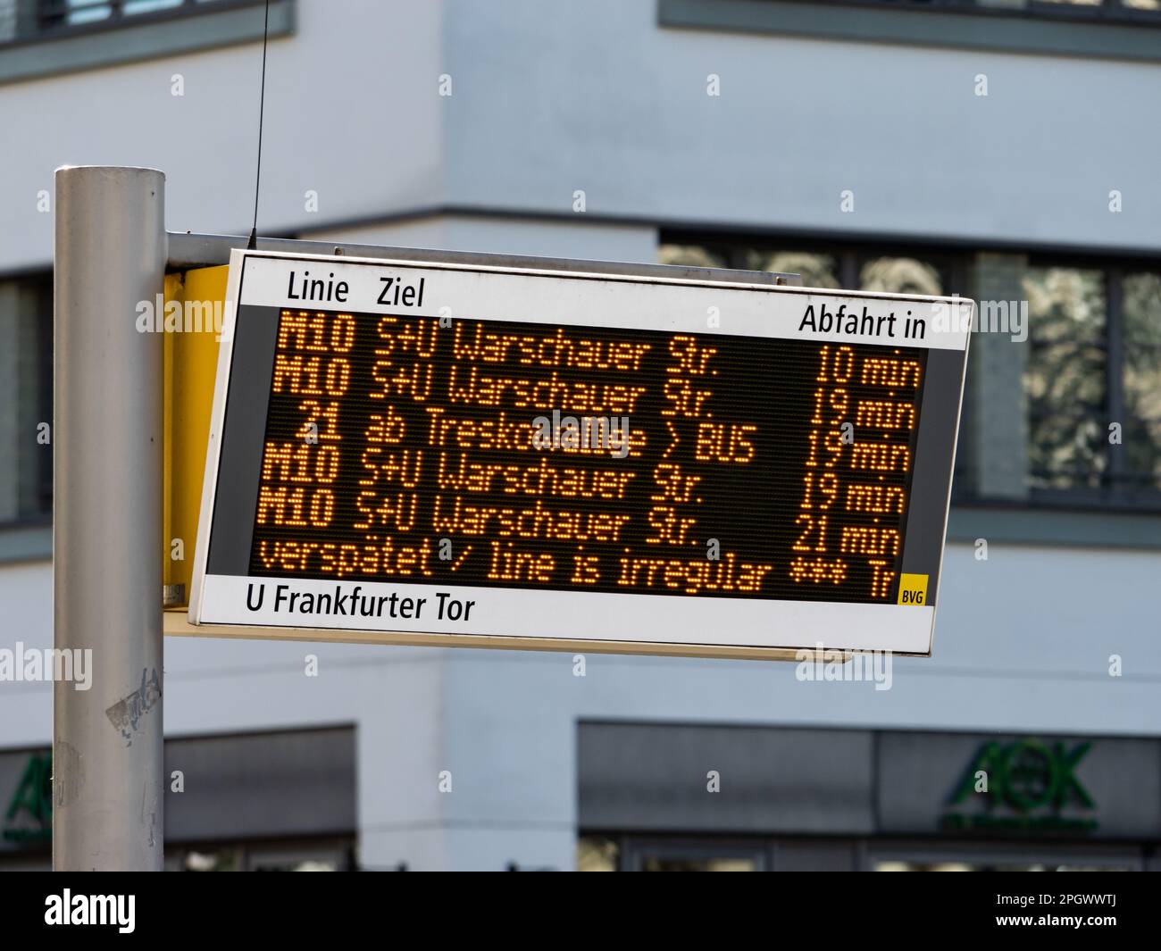 Departure board at the tram stop Frankfurter Tor. Digital display with ...