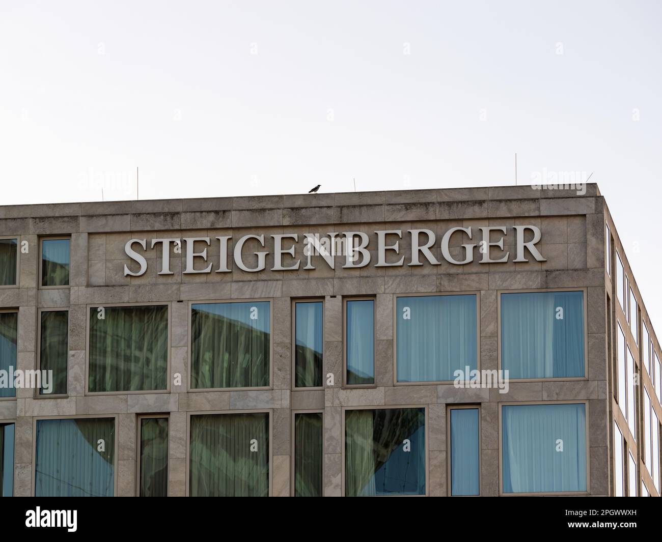 Steigenberger luxury hotel in the city. Logo sign on the facade ...