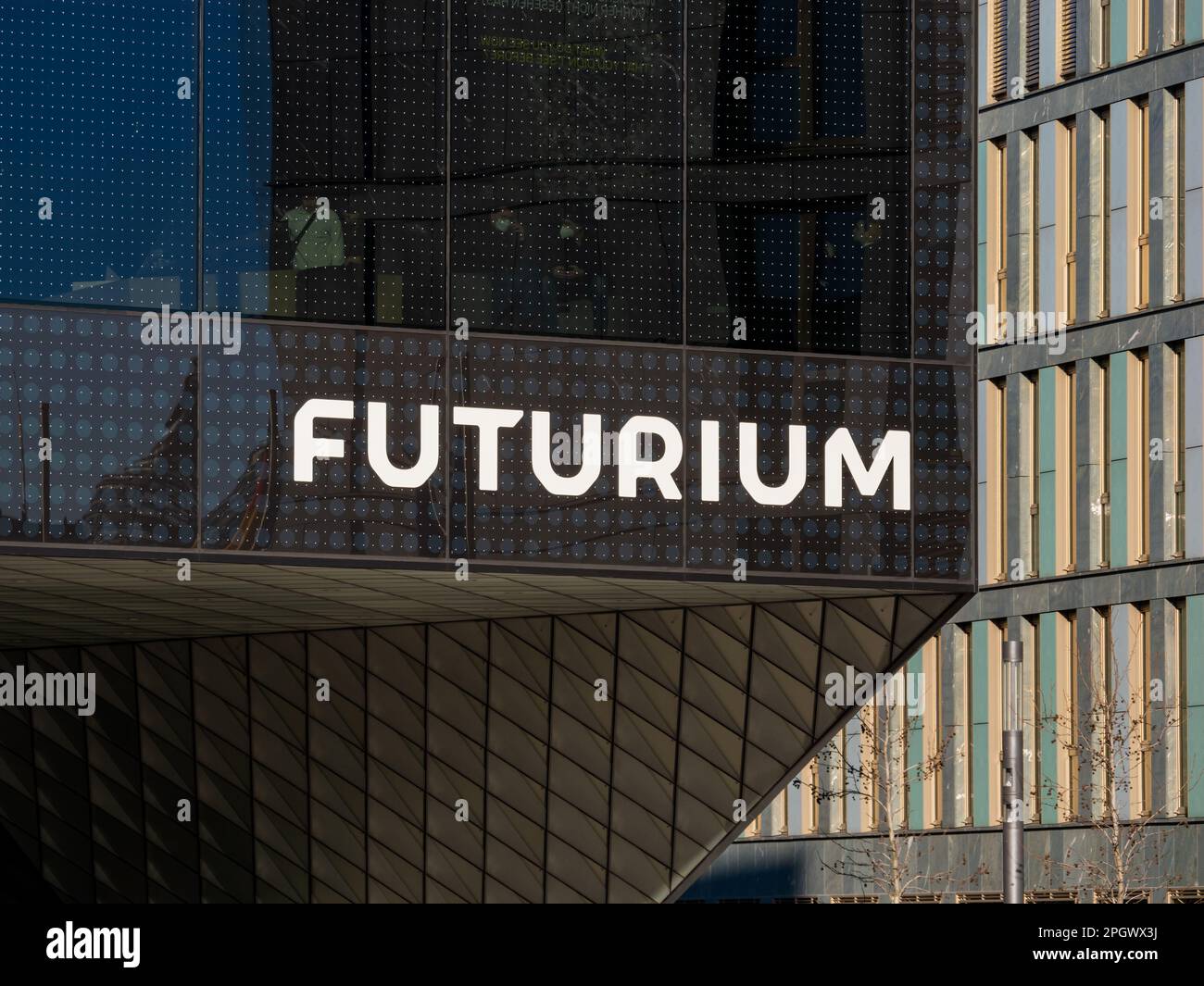 Futurium museum in the city. Close-up of the name on the building exterior. Exhibitions with the ...