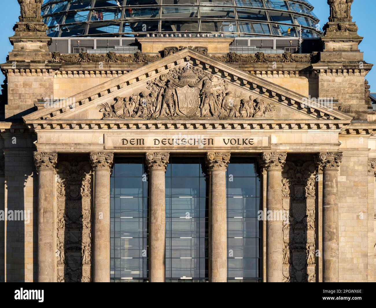 Front of the German Reichstag building with the words "Dem Deutschen ...