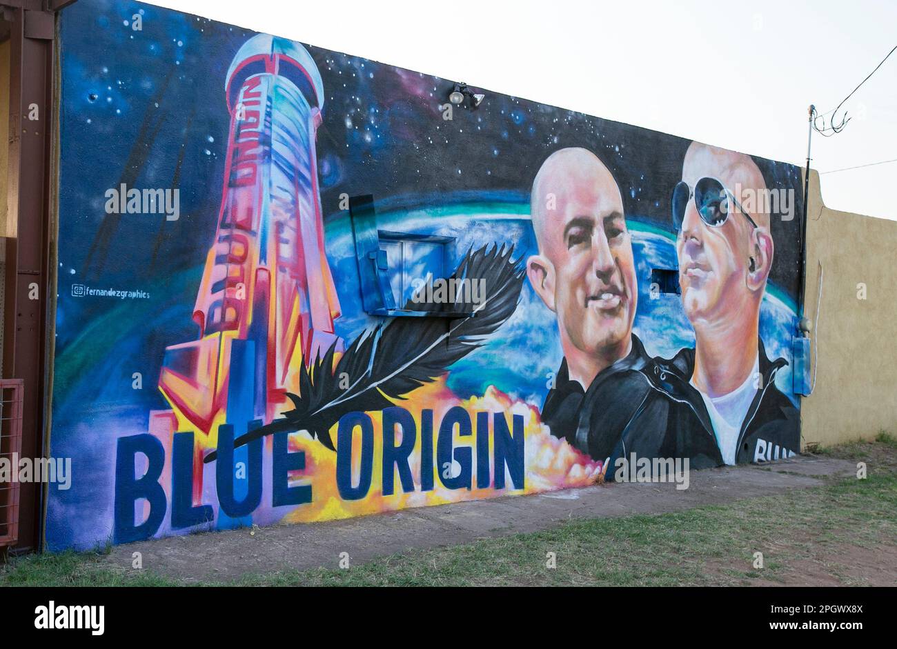 FILE - A mural by Fernandezgraphics depicting the Blue Origin logo and ...